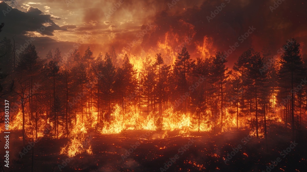 Wildfire raging through a forest, showing the devastating impact of ...