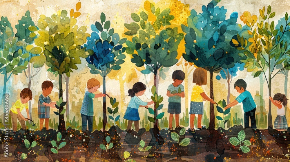 Artwork of children planting trees in a community park, symbolizing ...