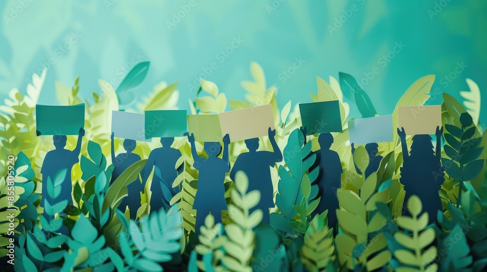 Paper cutout of people holding signs advocating for avoiding single-use ...