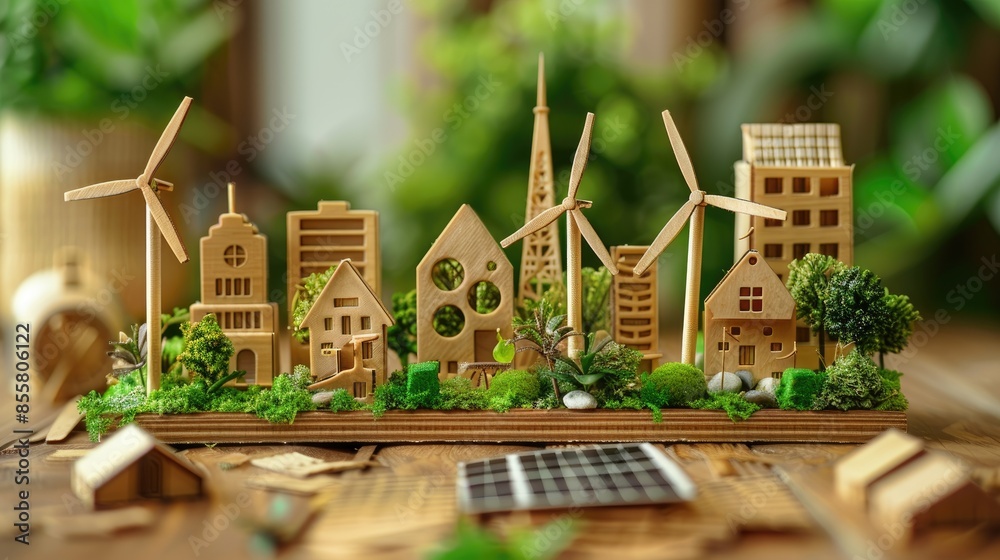 Paper cutout model depicting a cityscape with wind turbines and solar ...