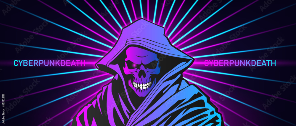 Vector bright glowing brutal death in hood. Human skull with white ...