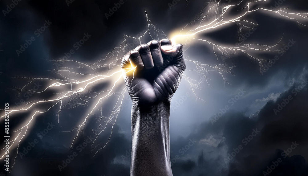 Hand holding up a lightning bolt. Energy and power. Stormy background ...