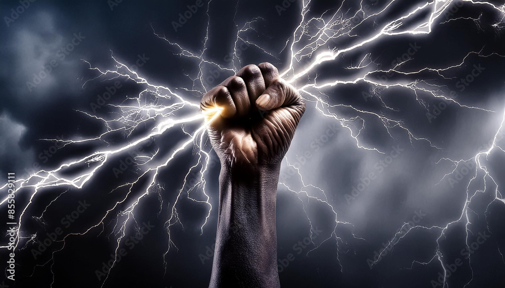 Hand holding up a lightning bolt. Energy and power. Stormy background ...