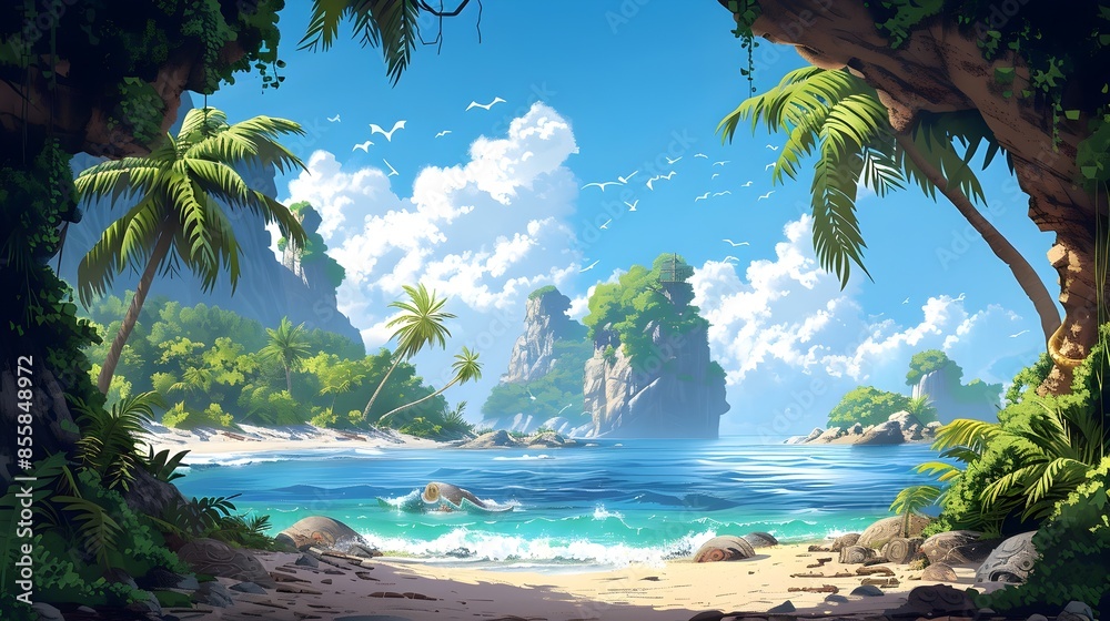 Tropical Adventure Island with Treasure Maps and Hidden Caves Stock ...