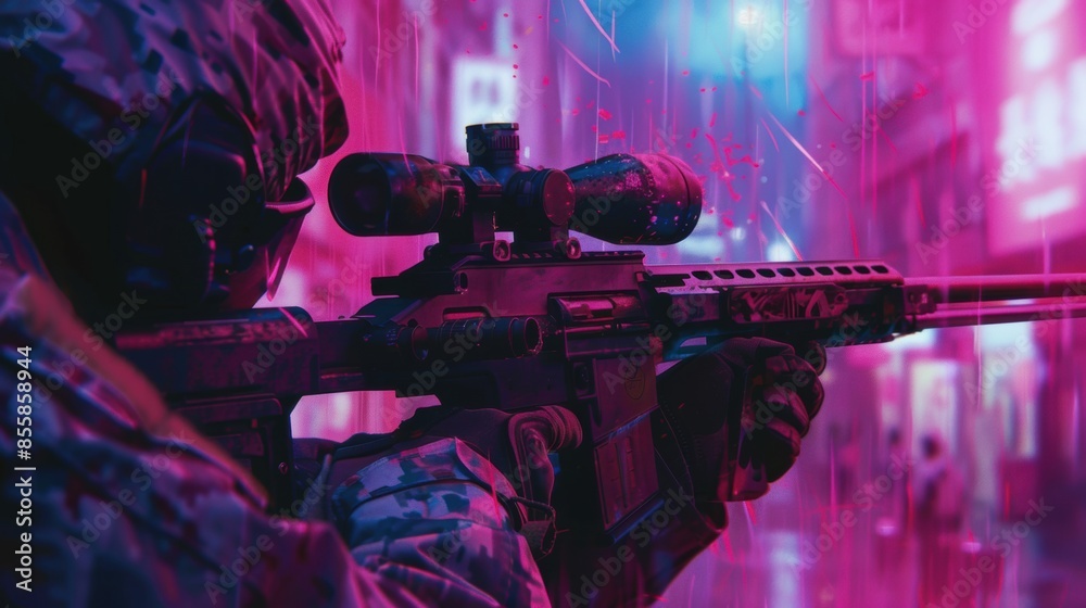 Soldier aiming a sniper rifle in neon-lit urban setting. Digital art ...