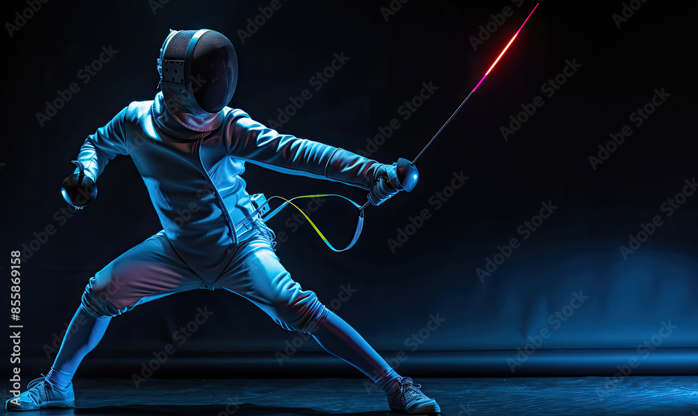 Professional fencer performing lunge attacking posture with foil sword ...
