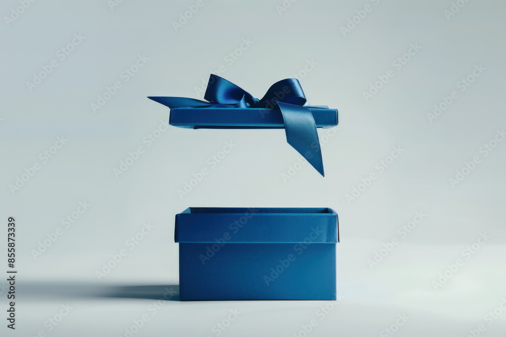 Elegant blue gift box with its lid floating above, revealing the empty ...