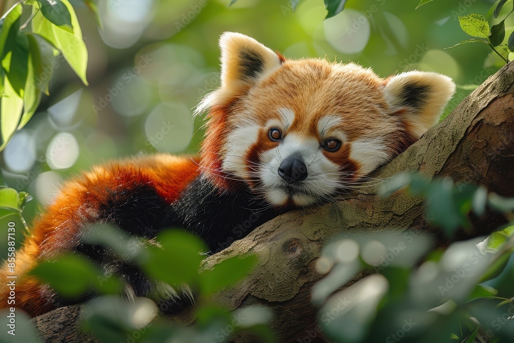 A red panda lounging on a tree branch, surrounded by green leaves. The ...