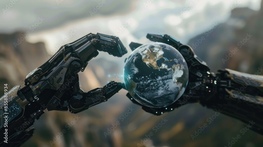 Two robotic hands holding the planet earth as a symbol that technology ...