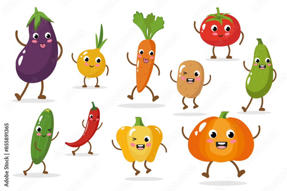 Cute cartoon eggplant, tomato, onion, pumpkin, carrot, potato, zucchini ...