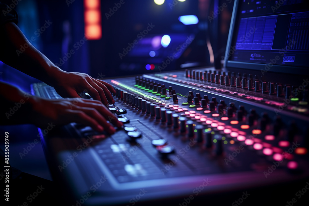Sound Engineer Fine-Tuning a Mixing Console with LED Lights in a High ...