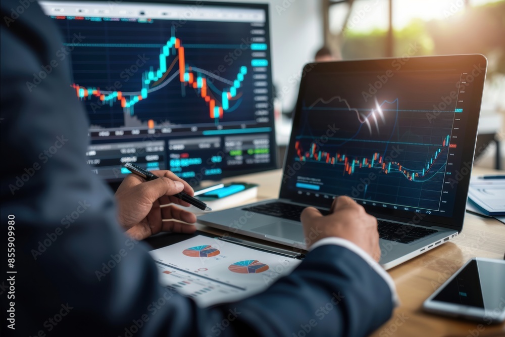 Stock management session features a laptop monitoring stock market ...
