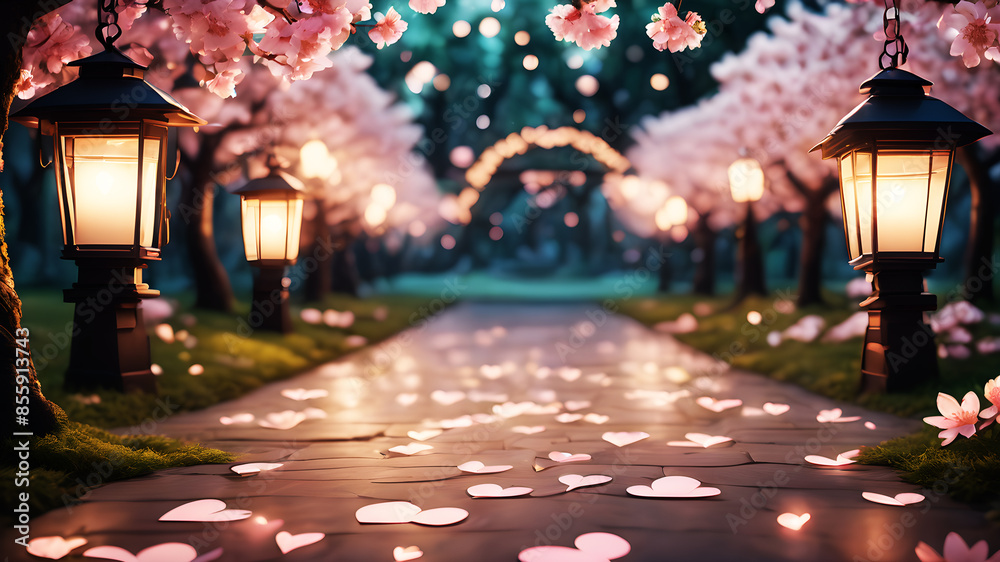 Depict a romantic park scene in springtime, with cherry blossoms in ...