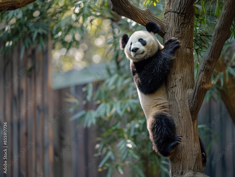 Panda bear climbing a tree in its enclosure, demonstrating its agility ...
