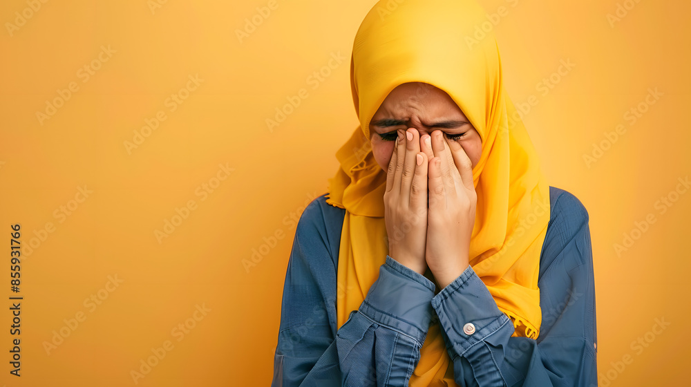 Young beautiful girl wearing muslim hijab standing over isolated yellow ...