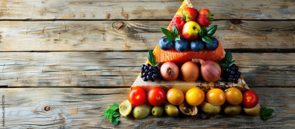 food pyramid represents way of healthy eating. Copy space image. Place ...