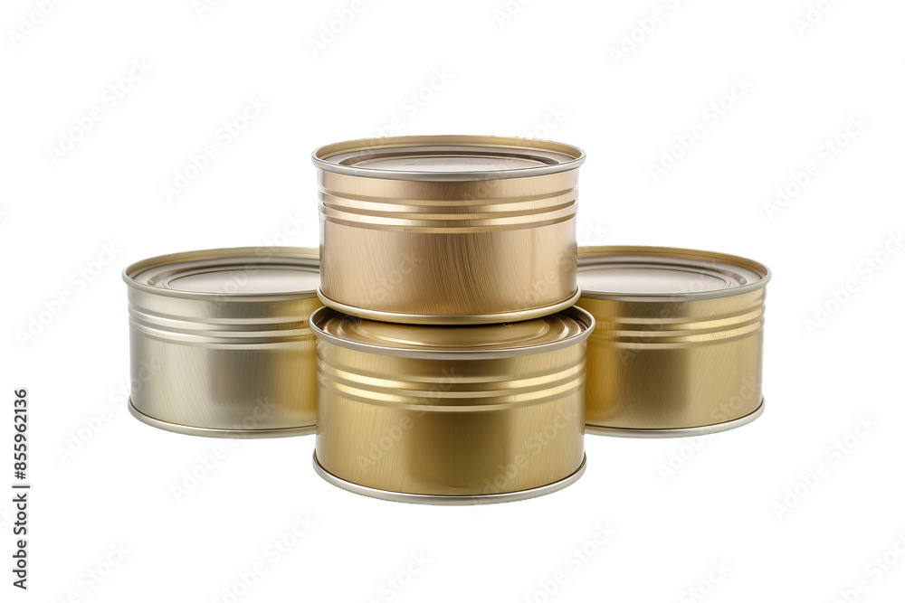 Four Gold Cans Stacked isolated on transparent background png Stock ...