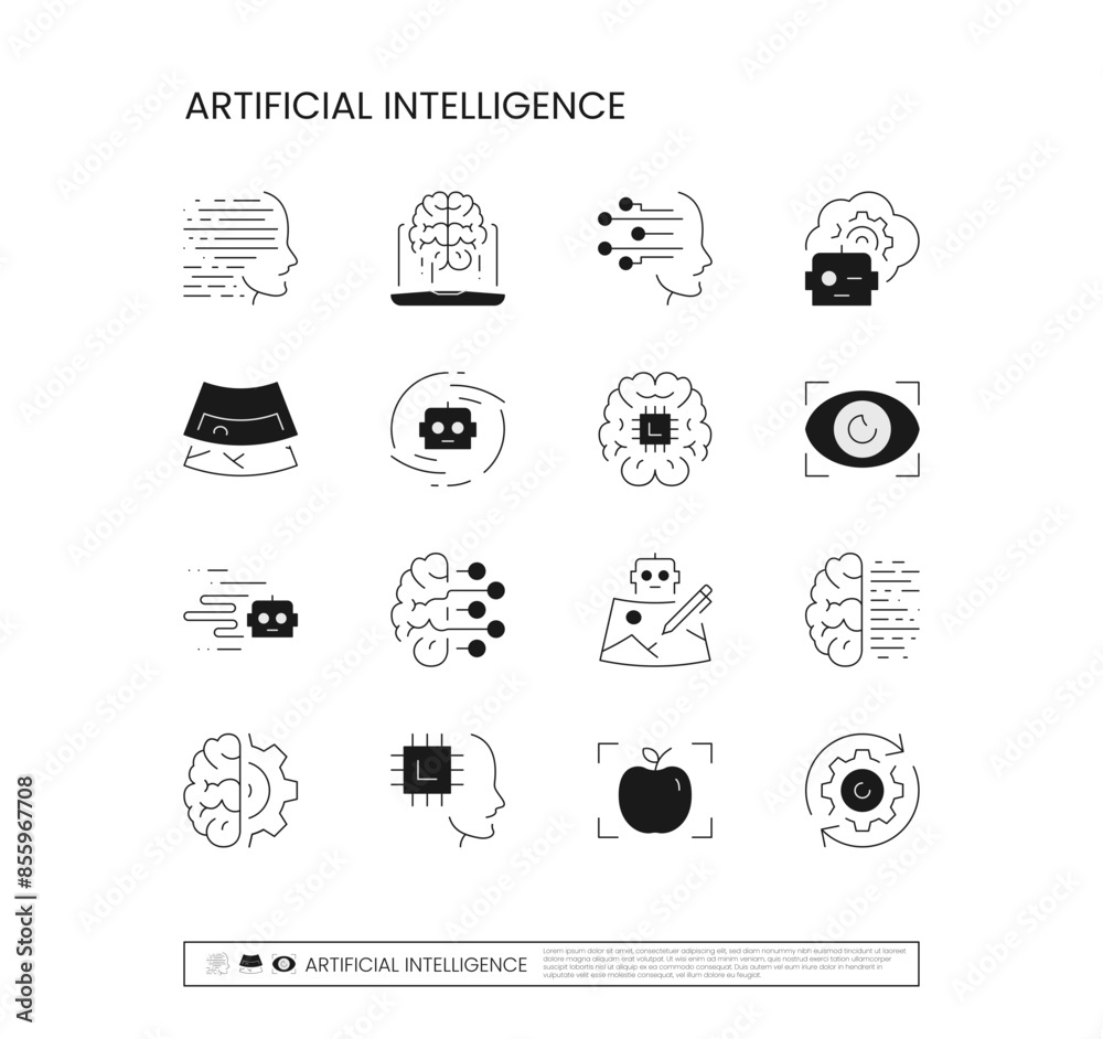 Set of artificial intelligence related icons, machine learning, smart ...
