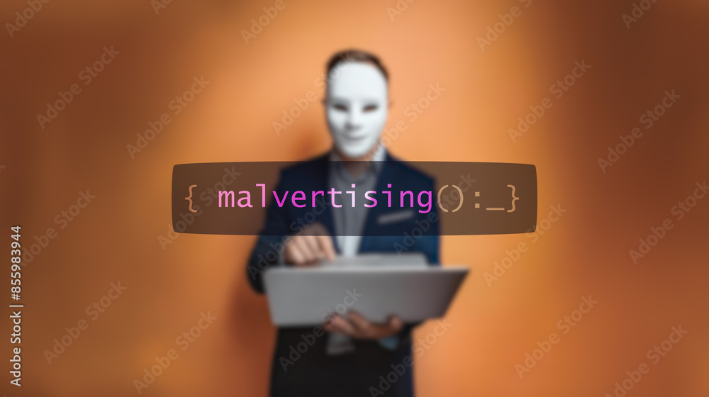 Cybersecurity concept malvertising on foreground screen, hacker silhouette hidden with low poly ...