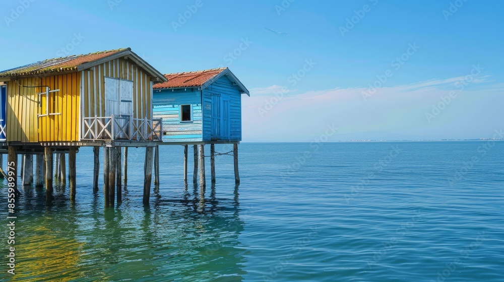 Vibrant wooden fishing cabins on stilts above the sea, clear blue sky ...