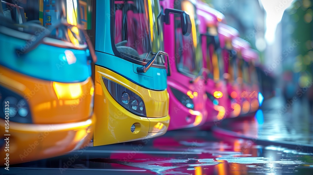 Vibrant city buses in yellow, green, and pink line a wet street ...