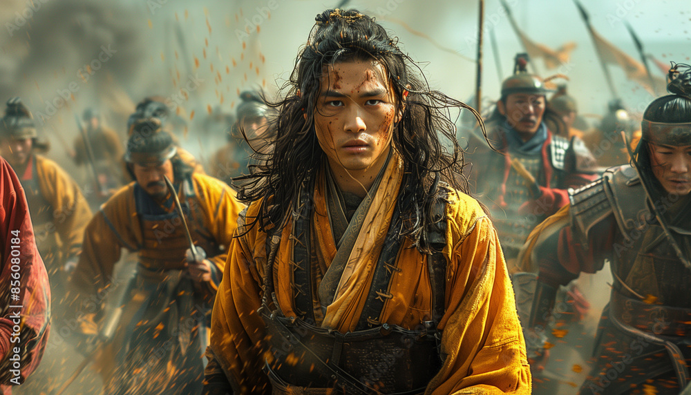 Group of Asian warriors in traditional attire, with intense expressions ...