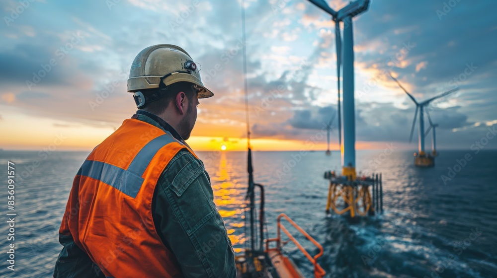 Engineers on a floating platform working on an offshore wind farm ...