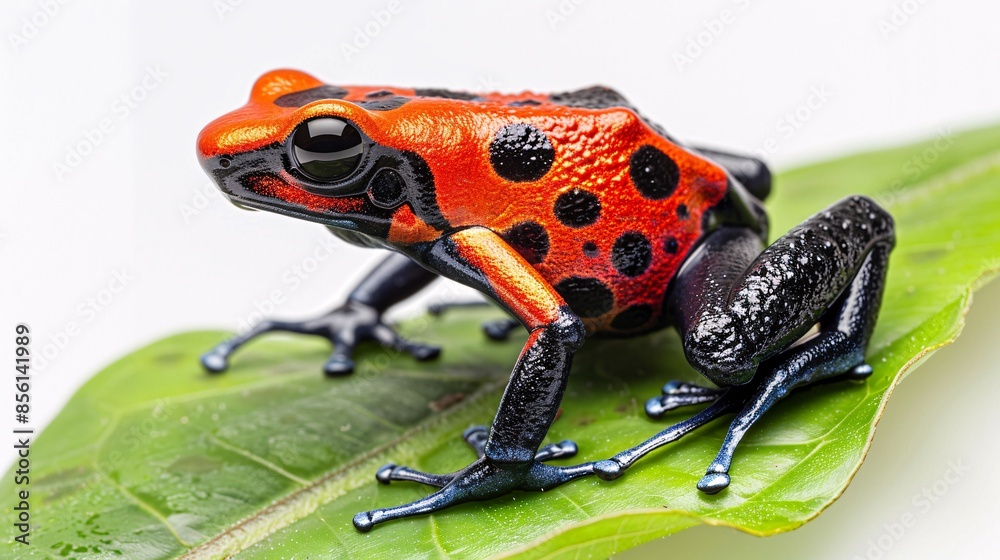 A vibrantly colored poison dart frog, with its bright red and black ...