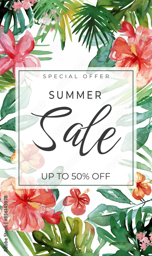 Summertime frame. Summer sale banner with watercolor flowers and text ...
