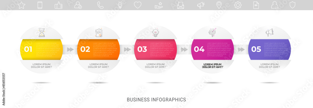 Business vector infographics with five circles and arrows. Timeline ...