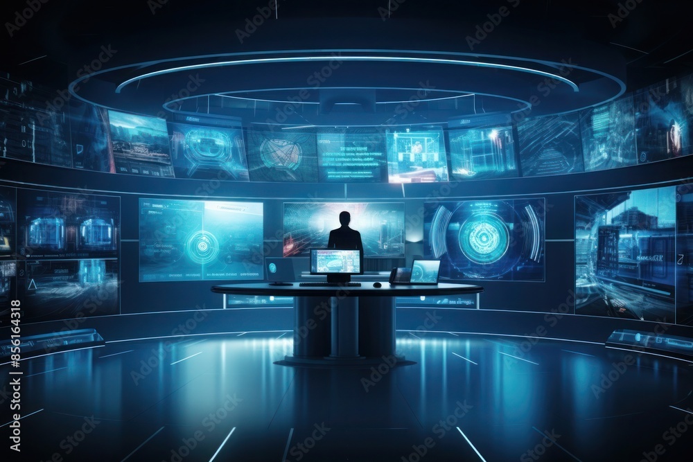 wide banner of security CCTV cameras and guard monitoring screen hud UI ...