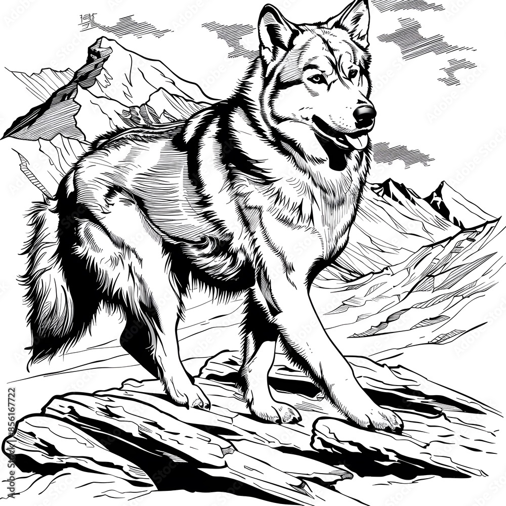 Majestic Alaskan Malamute Canicross in Badlands Vector Line Art for ...