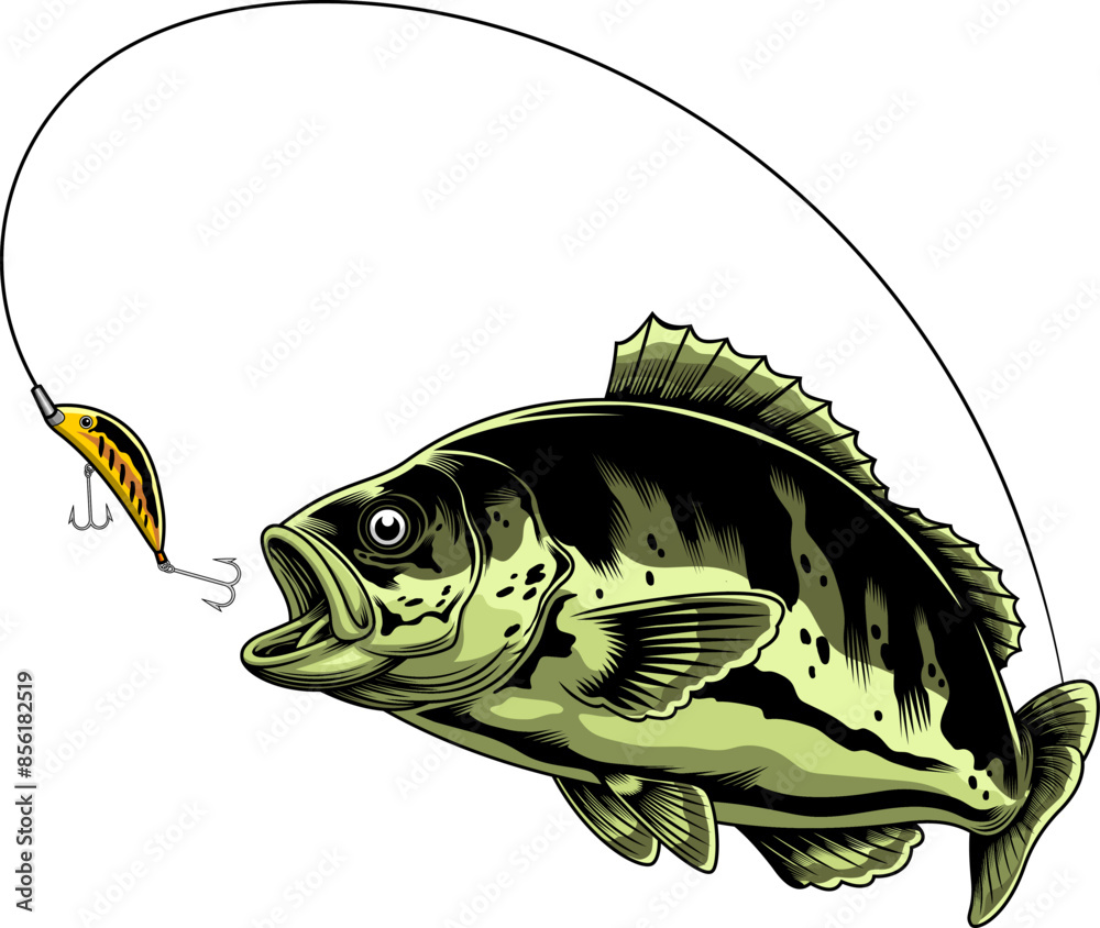 Bream Fish Catching The Fishing Lure Graphic Design. Vector Hand Drawn ...