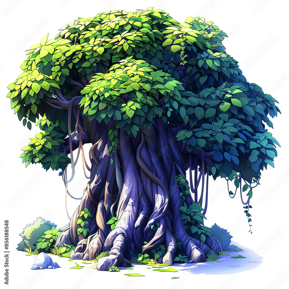 Cartoon Banyan tree isolated on a white background. Banyan tree cartoon ...