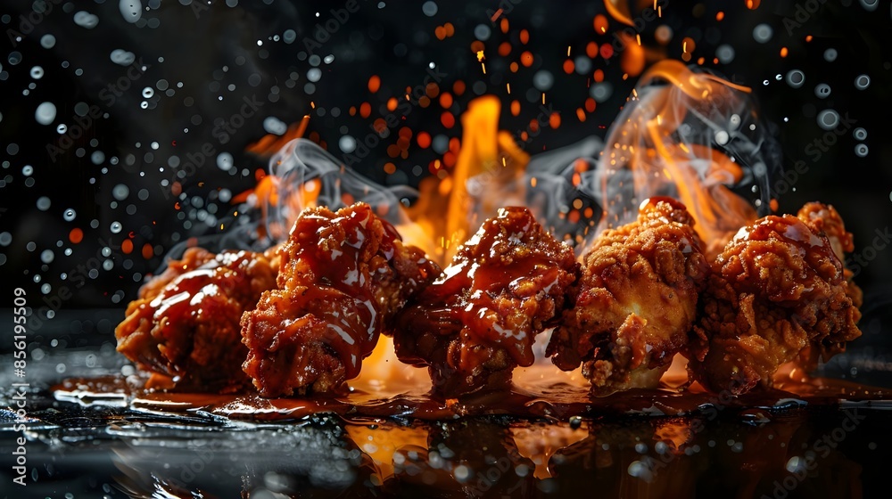 Firey Spicy Flaming Fried Chicken On Black Background Symbolizing Spice ...
