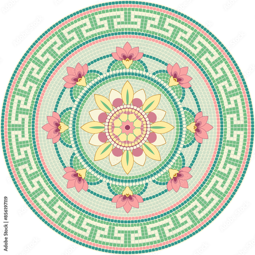 Mosaic circular ornament based on lotus theme in pink and green colors ...