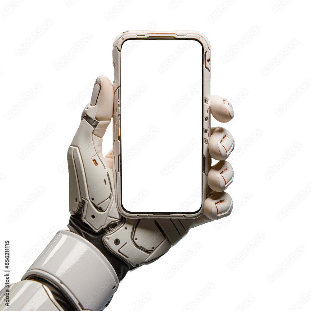 Mano de robot o cyborg sosteniendo un teléfono móvil moderno. Maqueta ...