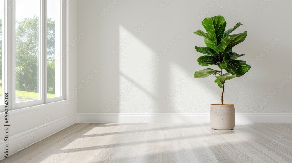 Majestic fiddle leaf fig in a vintage clay pot, placed on the floor of ...