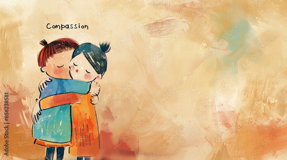 Compassionate embrace, children hugging. Watercolor illustration of two ...