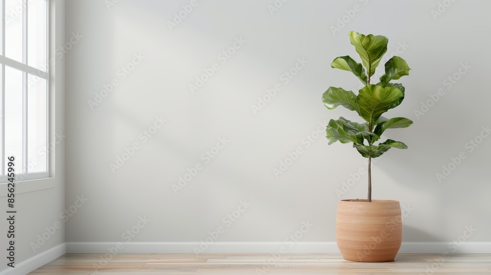 Tall fiddle leaf fig tree in a rustic clay pot, sitting on white oak ...