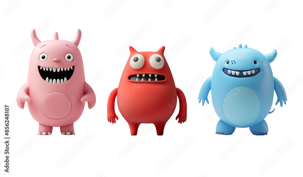 Cute and Happy Monsters Set in 3D Render Illustration Chibi Cartoon ...