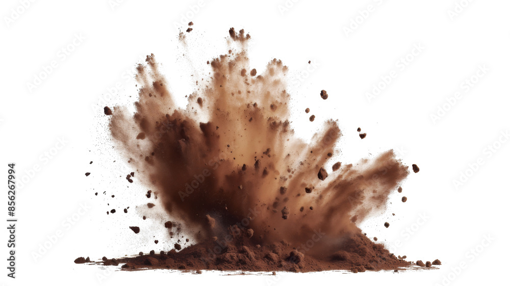 Dry Soil explosion with dirt and cloud smoke. Isolated on white ...
