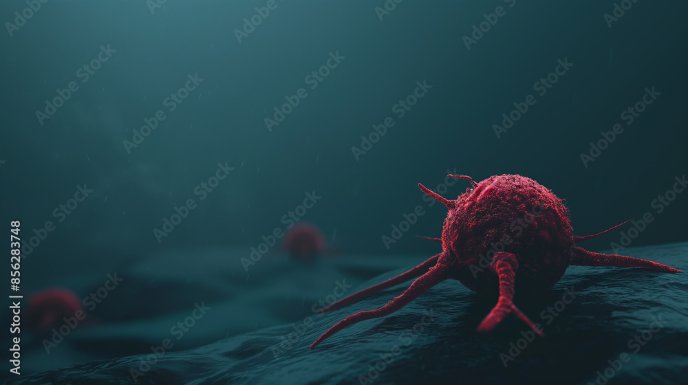 3D illustration of a cancer cell The cancer cell is red and has a spiky ...