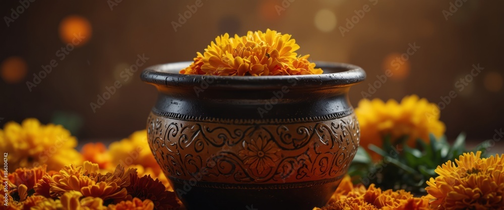 Marigold flowers in traditional Indian pot kalash on orange background ...