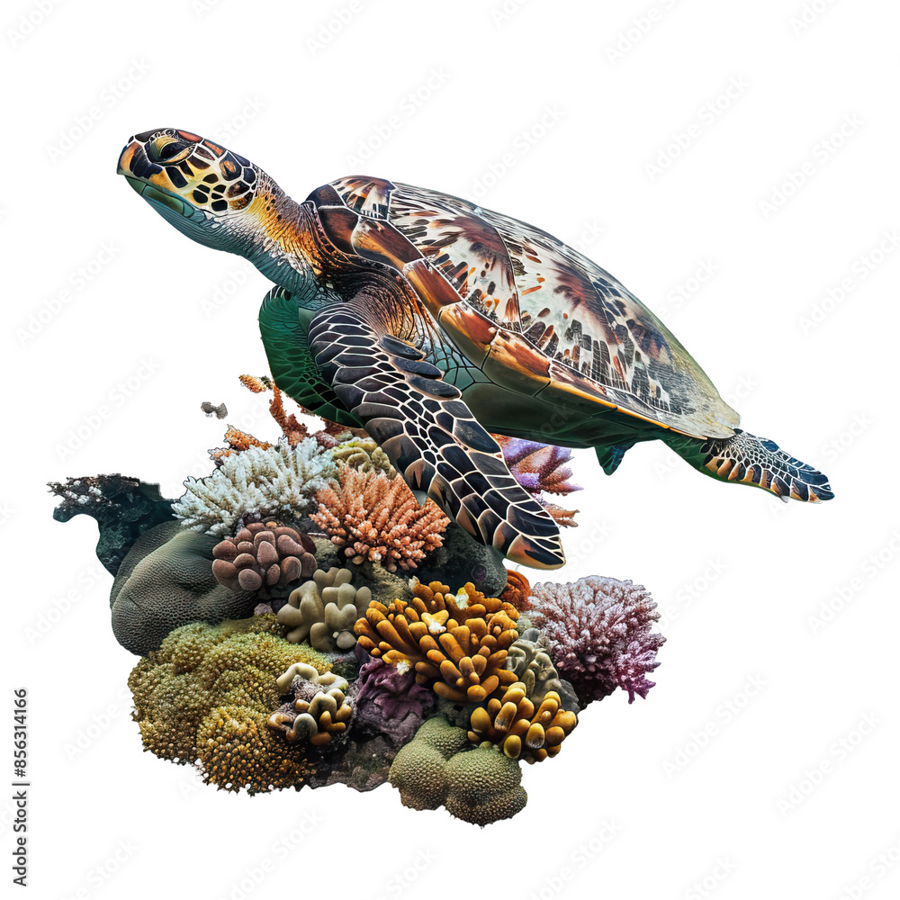 Turtle swimming through a coral reef, for showing the importance of sea ...