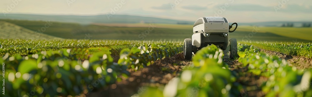 Autonomous driverless small tractor working in vegetable farm, Future 5G technology with smart ...