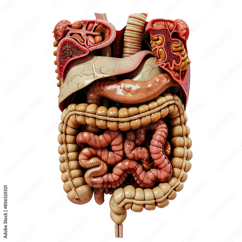 Cross section of human digestive system, Isolated on transparent ...