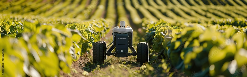 Autonomous driverless small tractor working in vegetable farm, Future 5G technology with smart ...