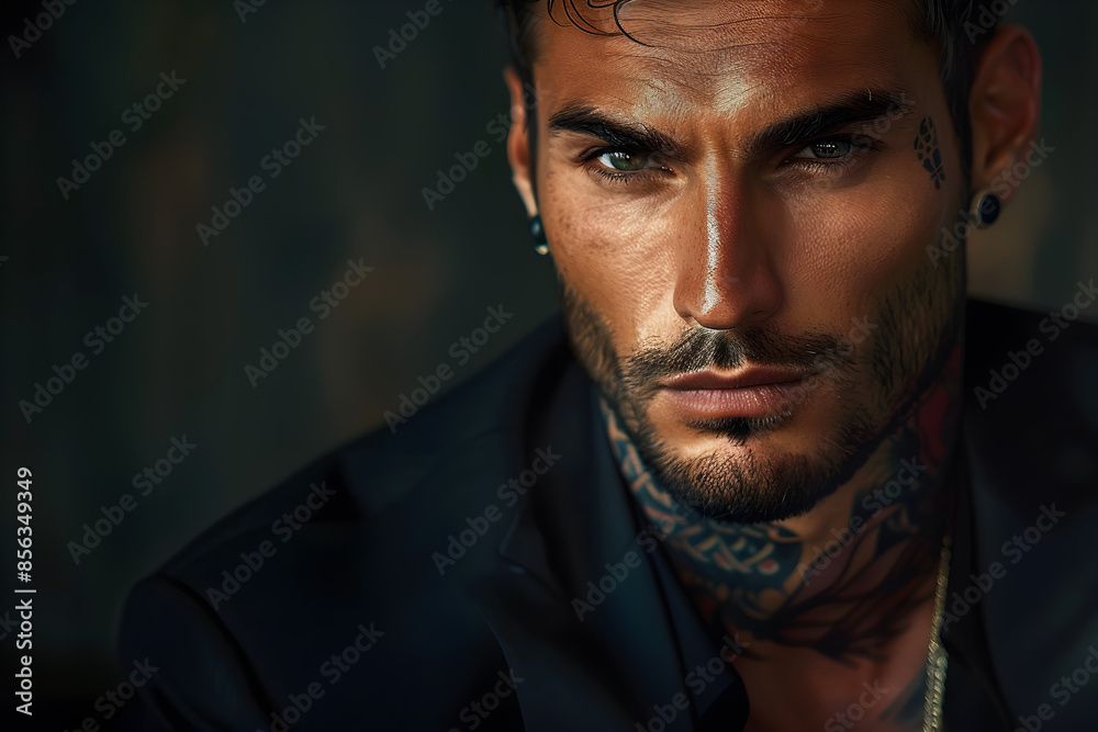 Handsome man with an intense stare and tattoos, wearing a luxurious ...