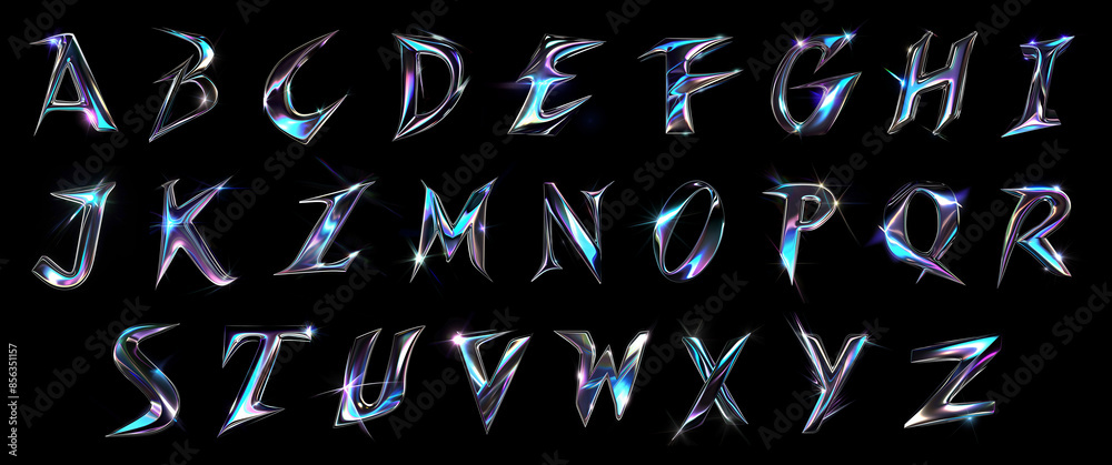 Holographic 3d typography, alphabet set with glittering effect, glowing ...
